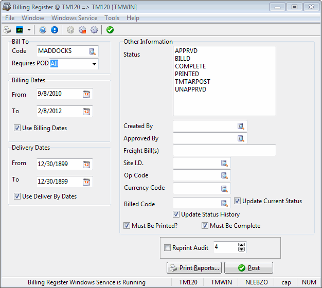 Billing Register :: TruckMate Online Help