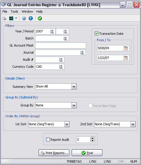 GL Journal Entries Register :: TruckMate Online Help
