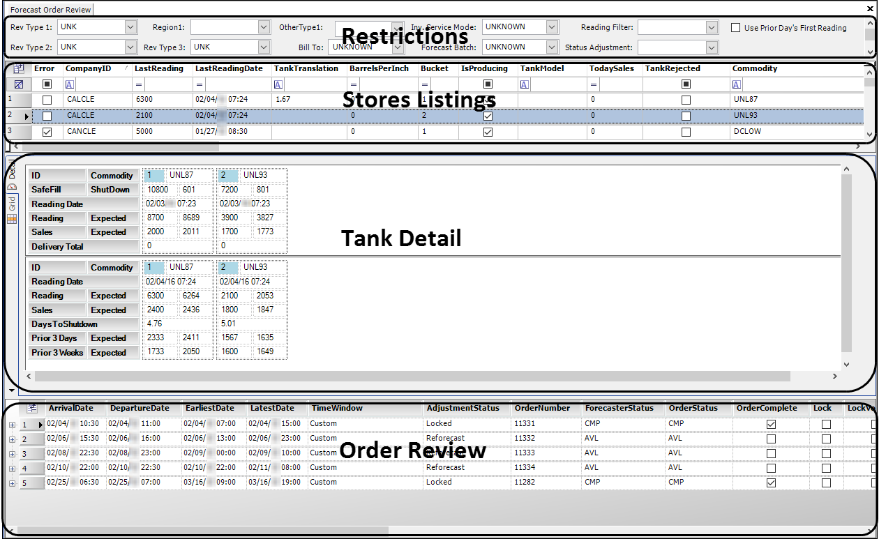 Reviewing tank readings in the Forecast Order Review window :: Fuel Dispatch