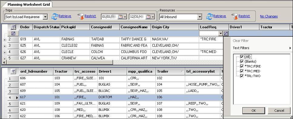 Sorting and filtering trips and resources :: TMW Operations