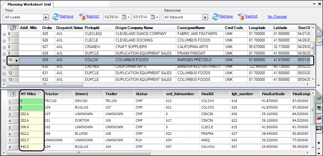 Sorting and filtering trips and resources :: TMW Operations